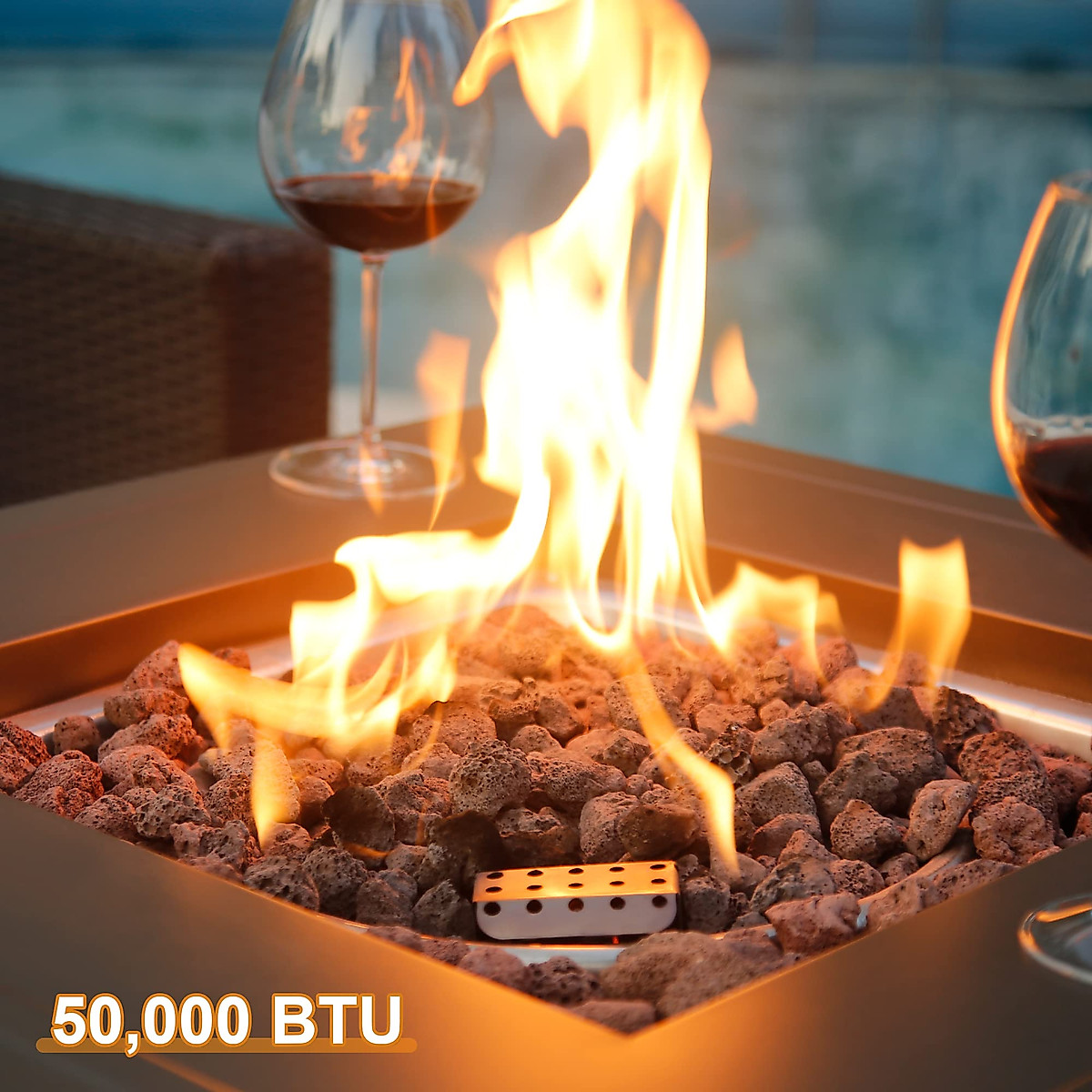 BALI OUTDOORS Gas FirePit Table 28 Inch Propane Fire Pit Table 50,000 BTU with Lava Rock and Tabletop Lid, Square Outdoor Table for Patio and Garden
