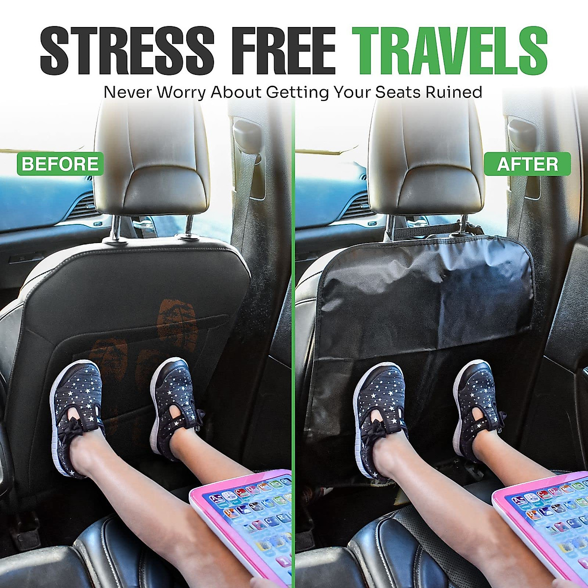 Trobo Car Kick Mats Back Seat Protector, Set of 2 X-Large Seat Back Cover for Kids, Made with Thick Waterproof Material to Fully Protect Backseat from Dirt, Mud and Scuffs Marks, Fits Most Cars