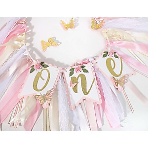 Pink and Gold High Chair Banner- Floral and Butterfly One Highchair Banner, 1st Birthday Party Decoration for Girls, Pink 1st Birthday Decor