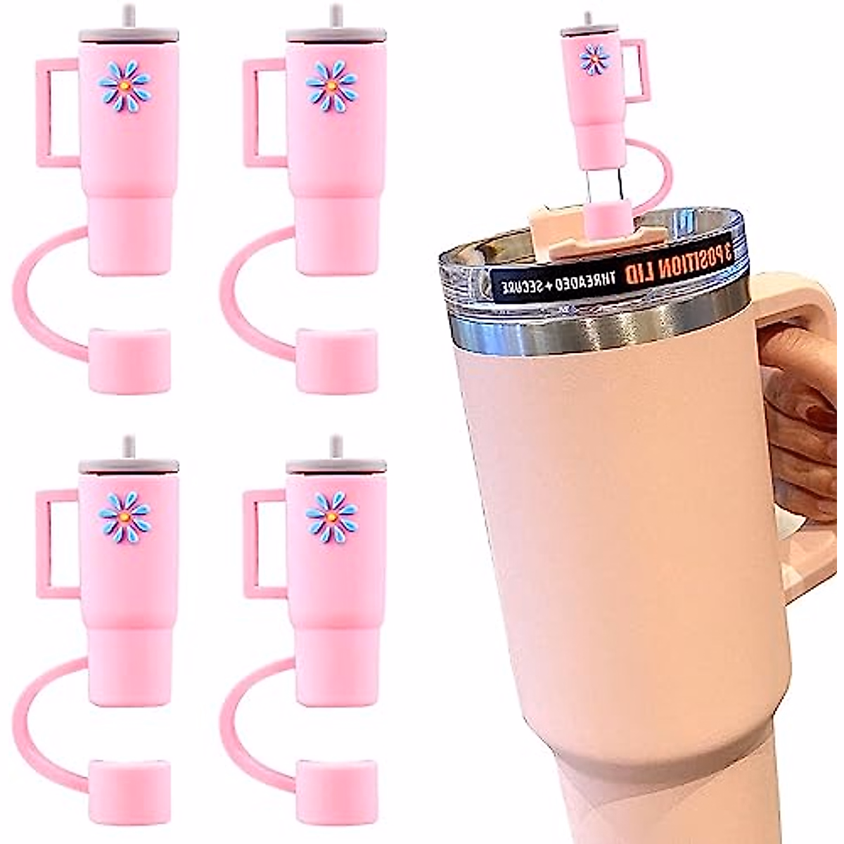 Straw Cover Cap for Stanley Cup, 4Pcs Straw Covers Topper Compatible with Stanley 30 40 OZ Tumbler Cup, 10MM Drinking Straw Tip Stopper Straws Covers for Stanley Tumbler Cups Accessories (Pink)