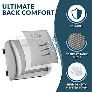 ComfiLife Lumbar Support Back Pillow Office Chair and Car Seat Cushion - Memory Foam with Adjustable Strap and Breathable 3D Mesh (Gray)