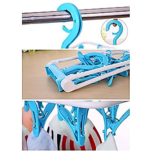 Creatiee 2 Pack Folding Portable Travel Clip, Drip Drying Hanger Rack with 12 Clips for Clothes Socks Underwear - Windproof & Space Saving (Light Blue + Light Purple)