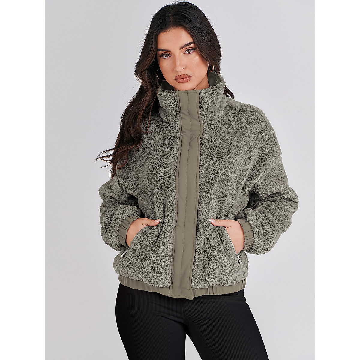 ANRABESS Womens Fleece Jacket Casual Long Sleeve Cropped Sherpa Button Down Fuzzy Warm Coats Fall Outwear With Pockets Grey Medium