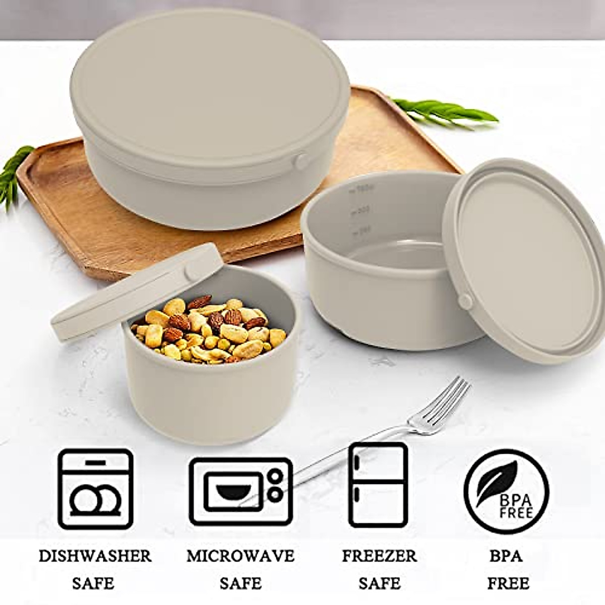 KVK Silicone Food Storage Bowl Large Lunch Container with Leakproof Strap(16.9oz, 25.4oz, 42.3oz) - Reusable for Bento Box, Food Leftover Storage, Meal Prep with Lid - Oven Freezer Safe - Light Grey