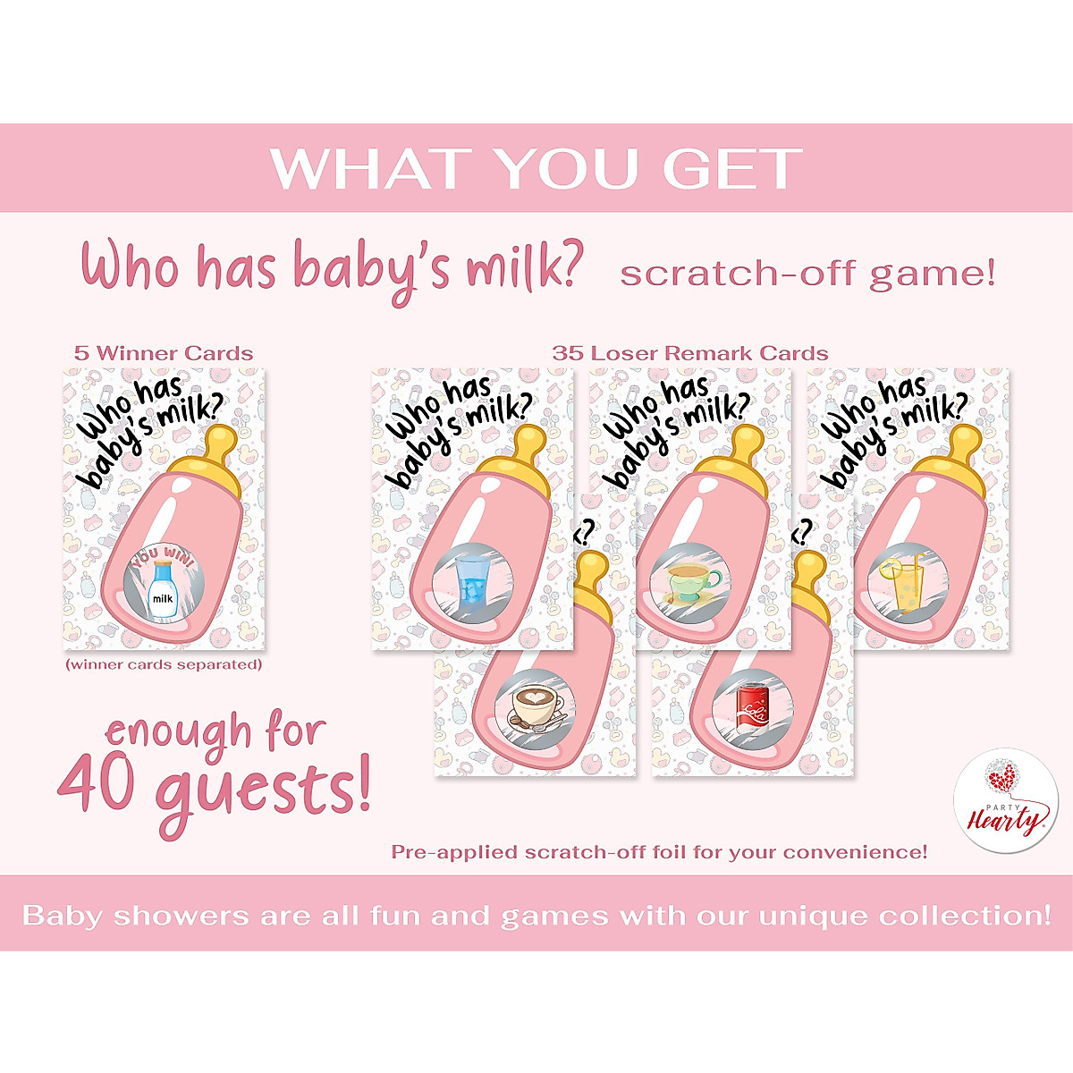 Party Hearty Baby Shower Games for Girl, 40 Emoji Scratch Off Lottery Tickets, Baby Games Ideas, Scratch Off Game, Pink