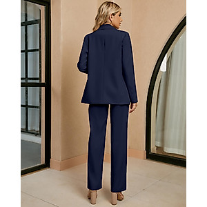 luvamia 2 Piece Outfits for Women Dressy Blazer Jackets High Waisted Straight Leg Pants Suits Set Business Casual Office Two Piece Outfits for Women Dressy Pant Suits Womens Wide Leg Pants Navy Blue