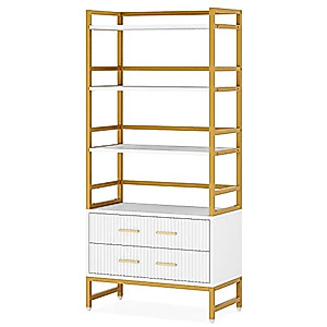 Tribesigns Gold White Bookshelf with 2 Drawers Striped, Tall Ladder Shelf Bookcase with Storage, Modern Bookcases and Book Shelves 4 Shelf Organizer, Metal Wood Book Shelving Unit for Bedroom, Office