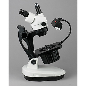 AmScope GM400TZ-M Digital Trinocular Gemology Stereo Zoom Microscope, WH10x Eyepieces, 3.5X-90X Magnification, 0.7X-4.5X Zoom Objective, Halogen and Fluorescent Lighting, Inclined Pillar Stand, 110V-120V, Includes 0.5X and 2.0X Barlow Lenses, 1.3MP Camera