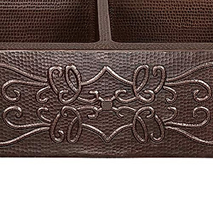 Premier Copper Products KA50DB33229S 33-Inch Hammered Copper Kitchen Apron 50/50 Double Basin Sink with Scroll Design, Oil Rubbed Bronze