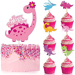 37 Pieces Pink Dinosaur Cake Toppers for Girls Dinosaur Cupcake Toppers Girls Birthday Party Decorations Colorful Dinosaur Cake Decorations for Kids Birthday Girl Baby Shower Dino Theme Party Supplies