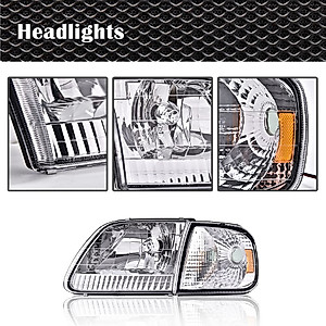 CNNELL Headlights Assembly Compatible with 1997 1998 1999 2000 2001 2002 Ford Expedition/2004 F150 Heritage/1998-2003 F150 Truck/1997 F150 Truck(C Clear lens Chrome Housing Amber Reflector)