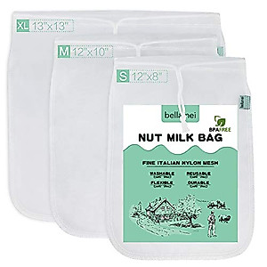 Bellamei Nut Milk Bag Reusable 3 Pack Food Strainer Nut Bags For Almond/Soy Milk Greek Yogurt Professional for Cold Brew Coffee Tea Beer Juice Fine Italian Nylon Mesh (3 pack-8"x12"/10"x12"/13"x13")