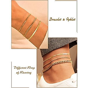 DEARMAY Gold Anklets for Women Waterproof Ankle Bracelets for Women 14K Gold Plated Cuban Link Anklet Bracelets for Women Layered Herringbone Cute Anklets Set Jewelry Gift for Women Teen