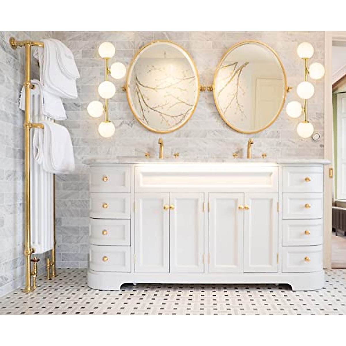 Bathroom Vanity Lights, 5-Light Bathroom Light Fixtures, Mid Century Modern Gold Bathroom Light Ceiling Light, Dimmable LED Wall Sconces Semi-Flush Mount Light Fixture with Milk Glass, Gold Brushed