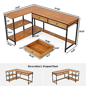 Tribesigns L Shaped Desk with 2 Drawers, 59” Reversible Computer Desk with Storage Shelves, Industrial Home Office Corner Desk Study Writing Table, Walnut