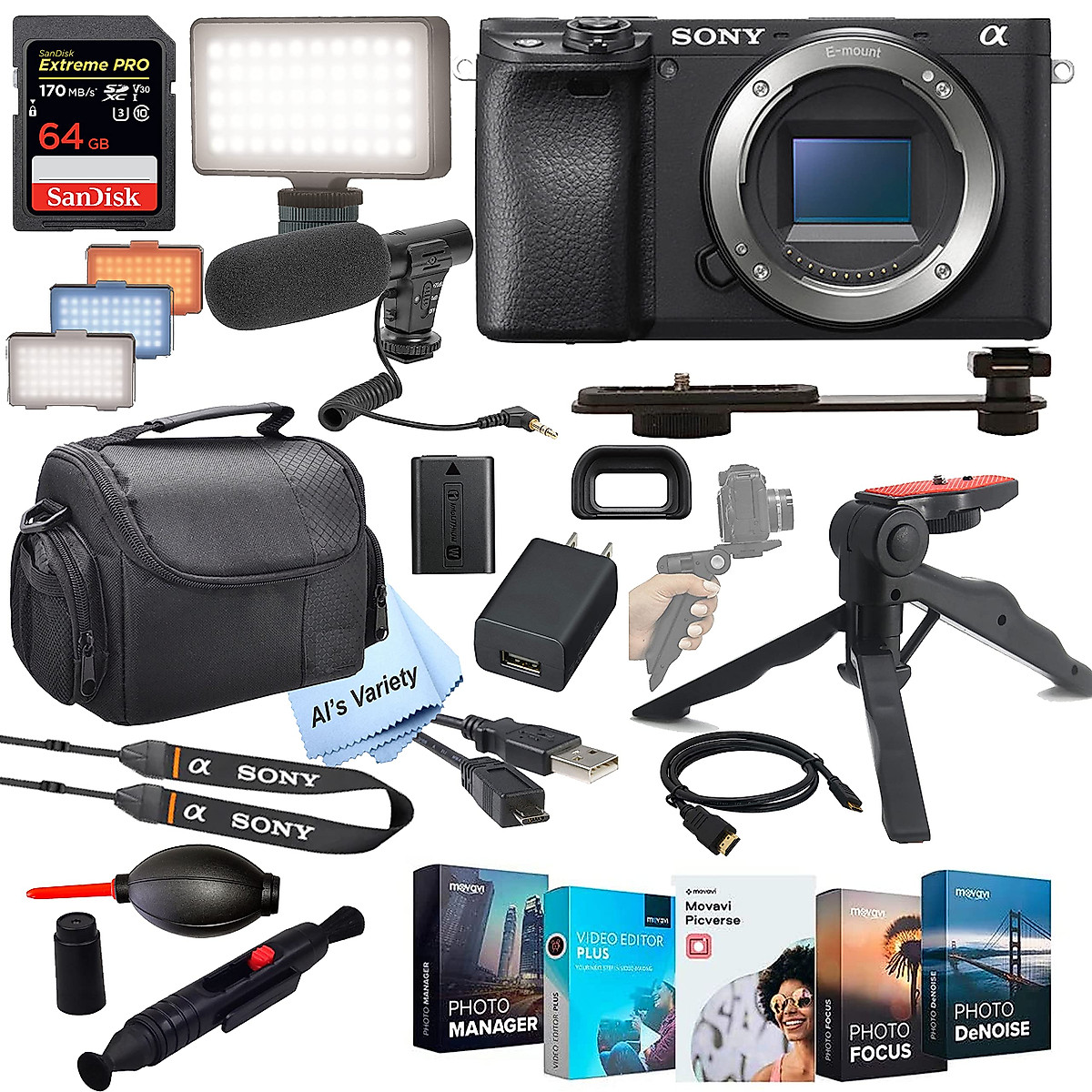 Sony Intl. Sony Alpha a6400 Mirrorless Digital Camera Body(No Lens) + Shot-Gun Microphone + LED Always on Light+ 64GB Extreme Speed Card, Gripod, Case, and More (26pc Video Bundle) (Renewed)