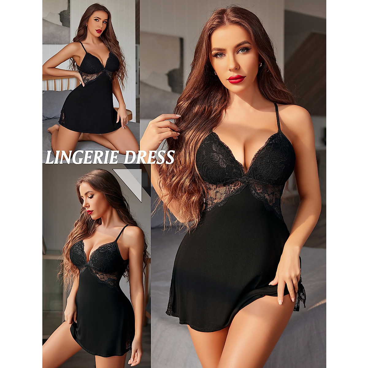 Avidlove Women Lingerie Lace Chemise Sleepwear Babydoll Black Nightgown Black Small