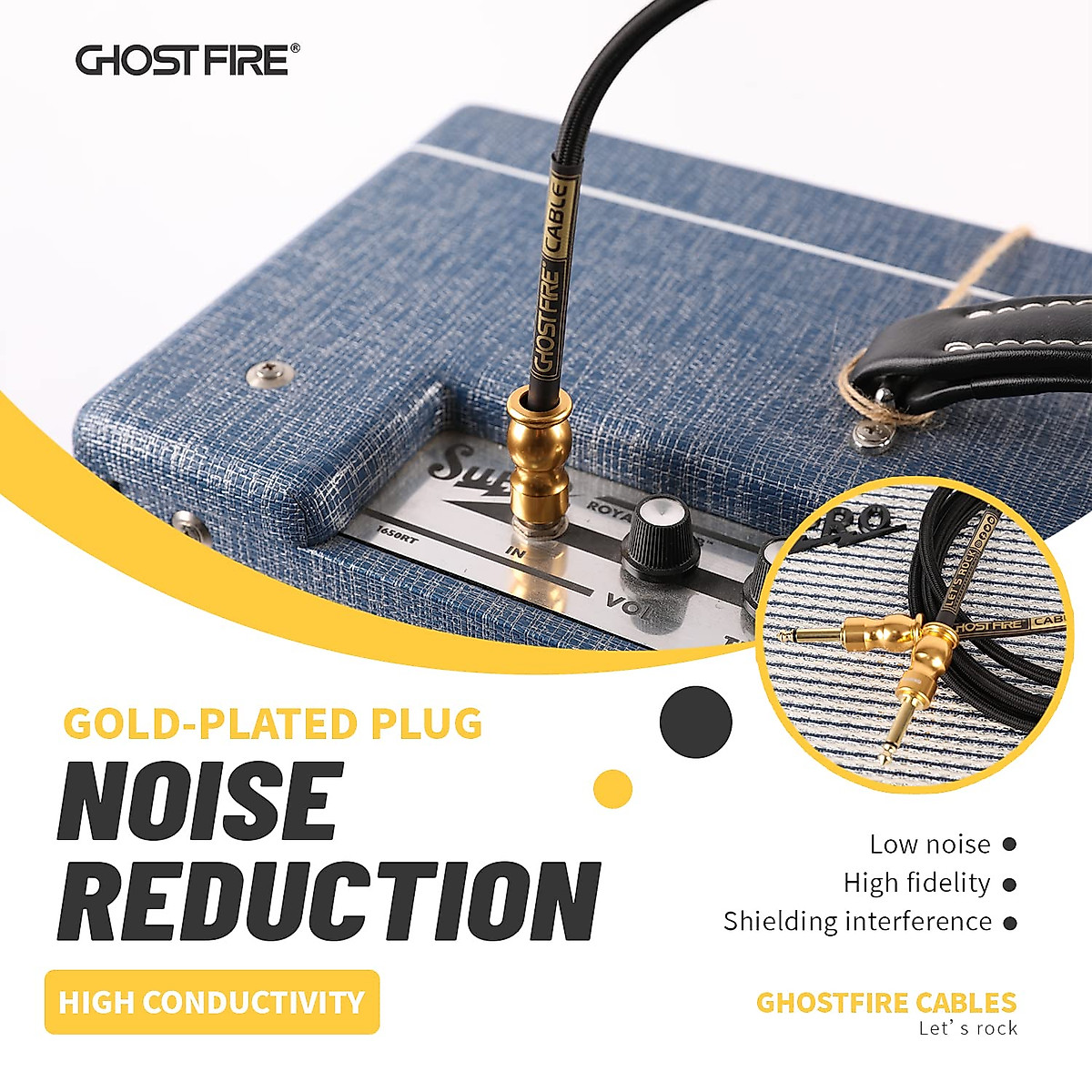 GHOSTFIRE High-Fidelity Acoustic Guitar Cable Instrument Cord (10 feet) Gold-Plated Connectors Straight to Straight