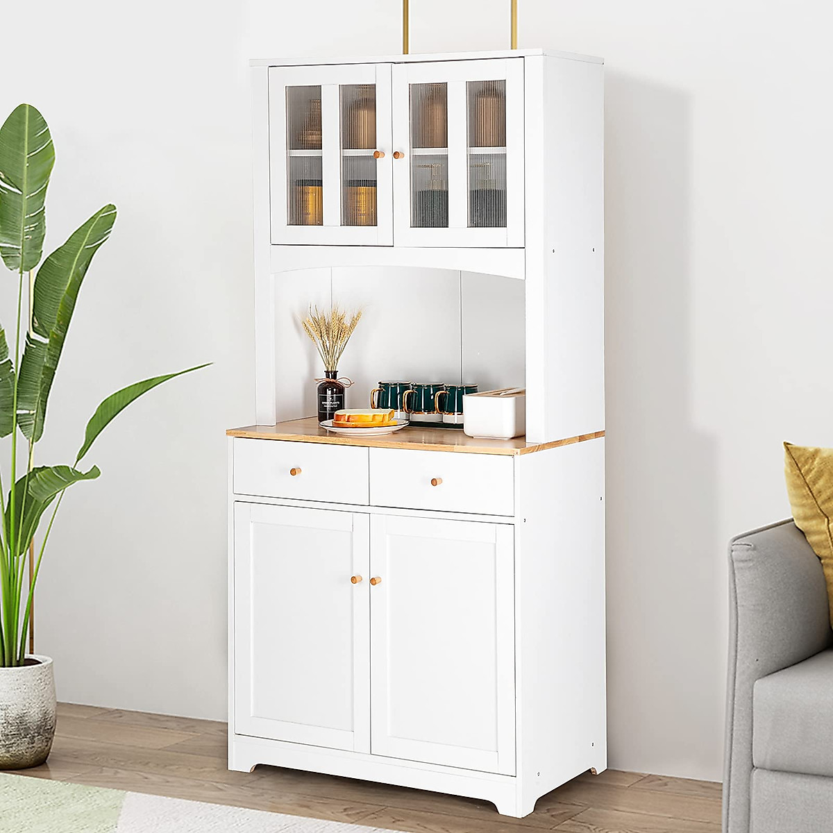 VINGLI Buffet Cabinet with Hutch Kitchen Pantry Storage White Sideboard for Microwave Storage, 4 Doors, 2 Adjustable Shelves & Drawers