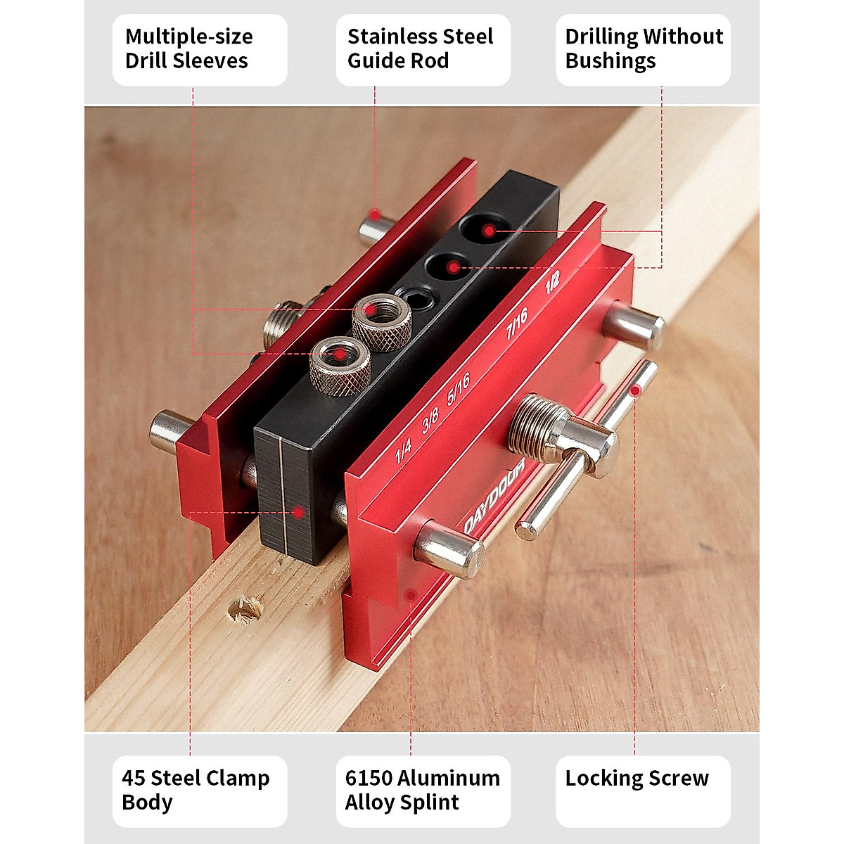 DAYDOOR Self Centering Doweling Jig, Adjustable Width Dowel Jig for Straight Holes, Biscuit Joiner Set with 6 Bushings and 3 Drill Bits(Red)