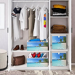 QUGRL Sunny Summer Beach Storage Bins Cube Tropical Palm Tree Clothes Storage Basket Foldable Storage Box Organizer for Shelves Closet Cabinet Office Dorm Bedroom 11x11 in