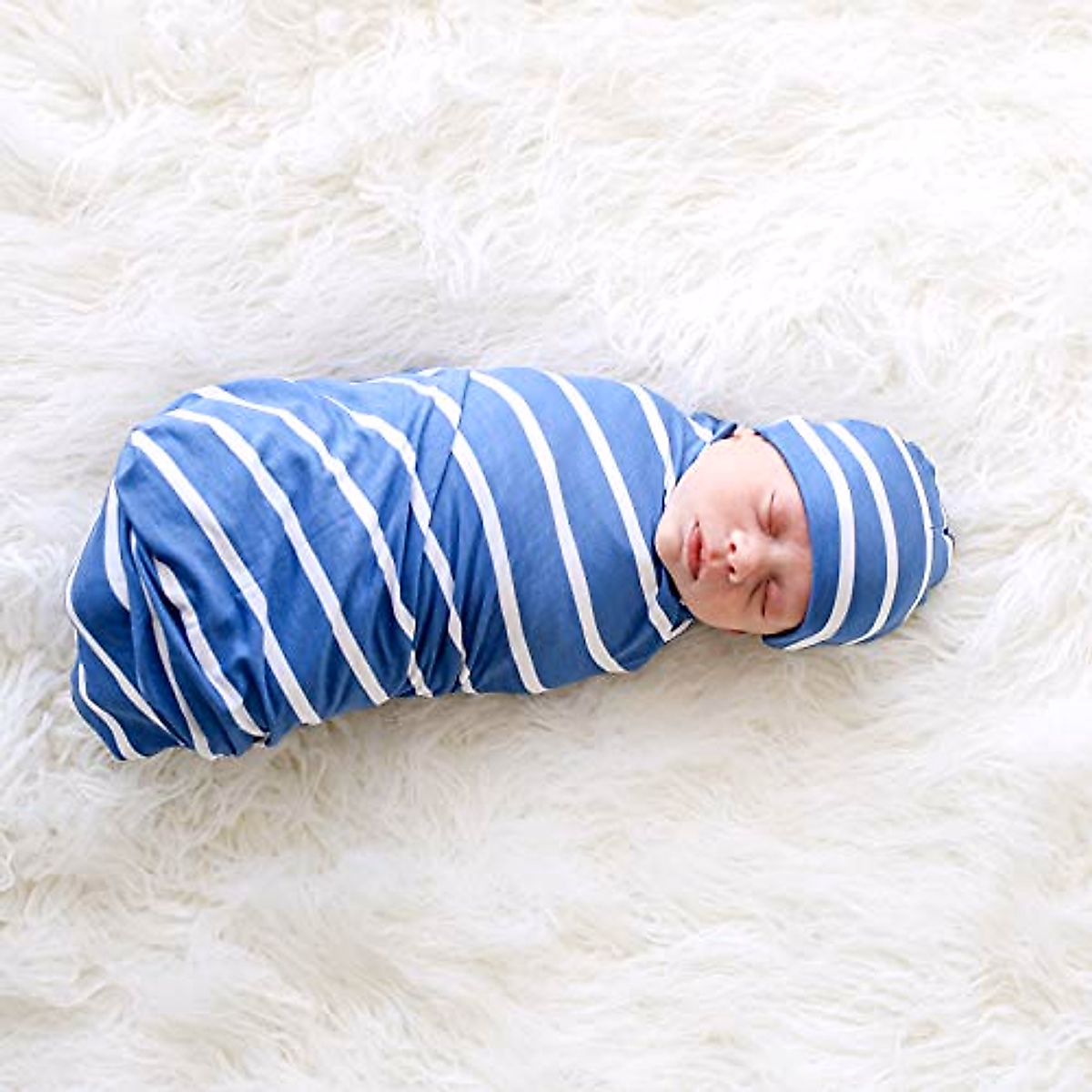 Posh Peanut Baby Swaddle Blanket & Beanie - Matching Newborn Swaddle Set, Doubles As Receiving Blanket or Nursing Cover (Denim Blue Stripe)