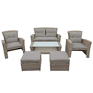 Merax Gray 4 Piece Outdoor Conversation Rattan Wicker Furniture Sectional Sofa Set with Ottoman Cushions