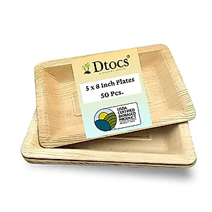 Dtocs Palm Leaf Plates 5x8 Inch Rectangle Tray (50 Pc) -Disposable Bamboo Tray Look Mini Charcuterie Board Set, Dessert Serving Tray, Pasta Plate | Dinnerware Set Sturdy Than Heavy Duty Paper Plates