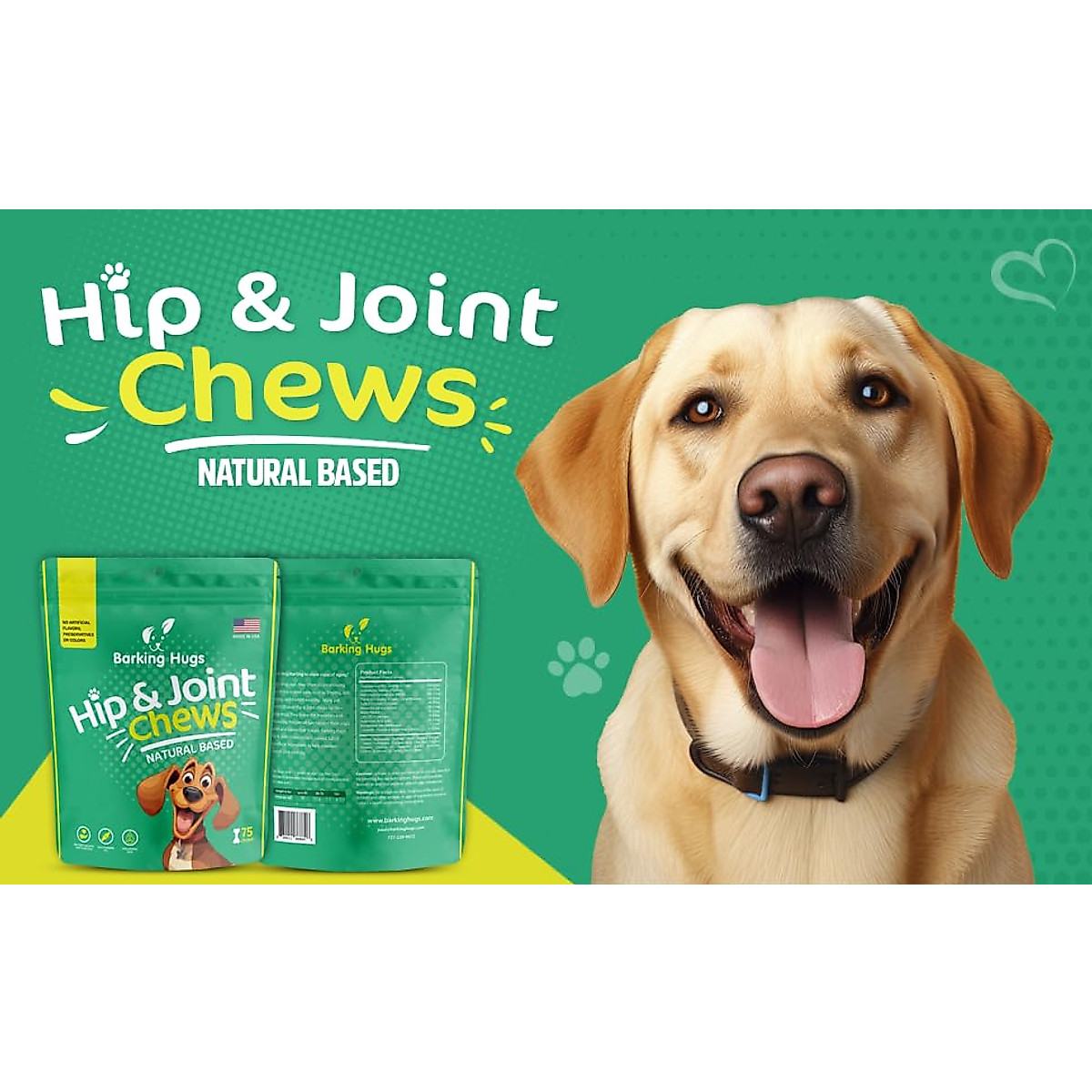 BARKING HUGS Hip and Joint Supplement for Dogs - 500 mg Glucosamine for Dogs per Soft chew - Nature-Based for Maximum Dog Joint Pain Relief - 11 Active Ingredients Support Dog Hip & Joint Care.
