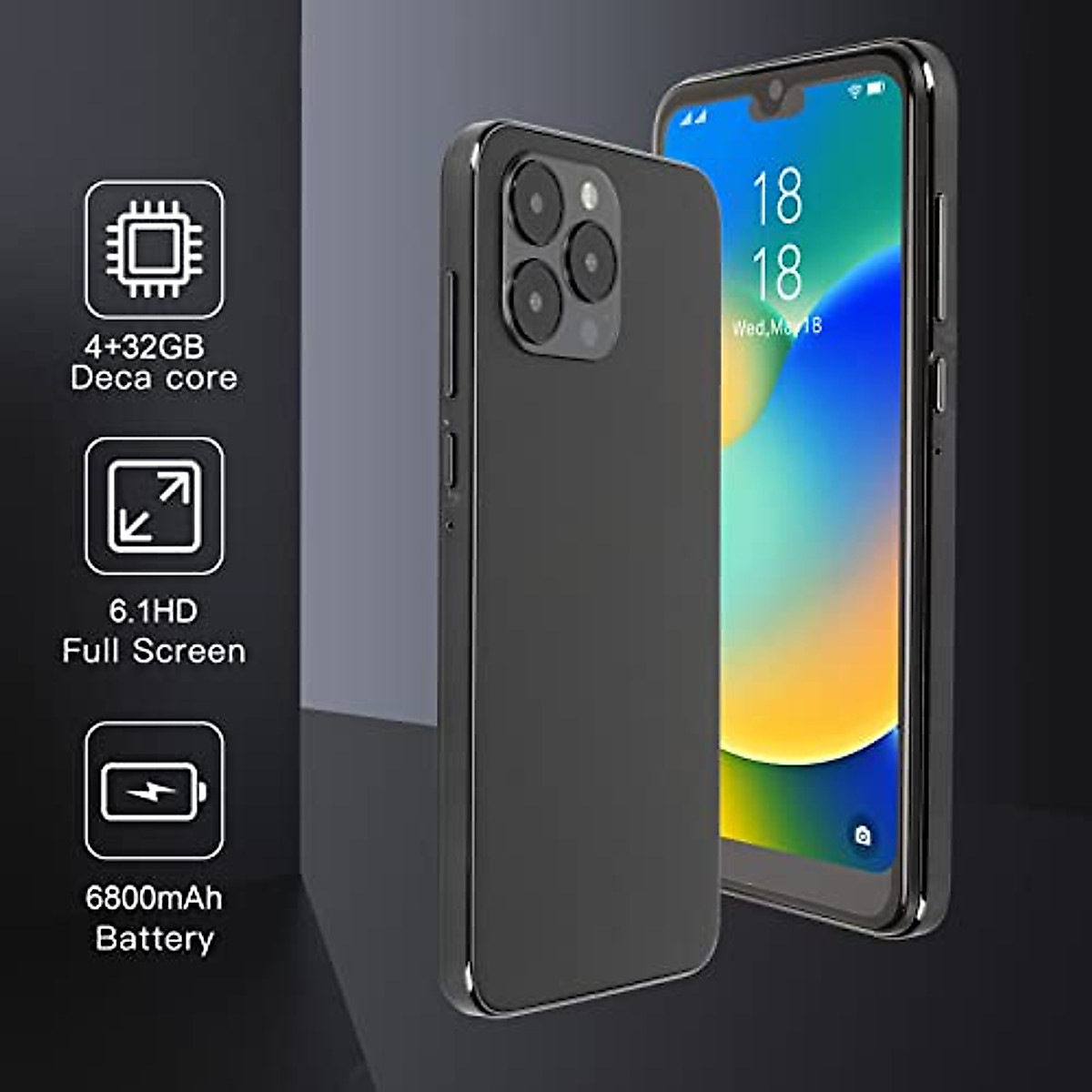 6.1 Inch Face Recognition Phone 6800mAh I14 Pro Phone 4GB 32GB Black Front 8MP Rear 16MP for Work Use (US Plug)