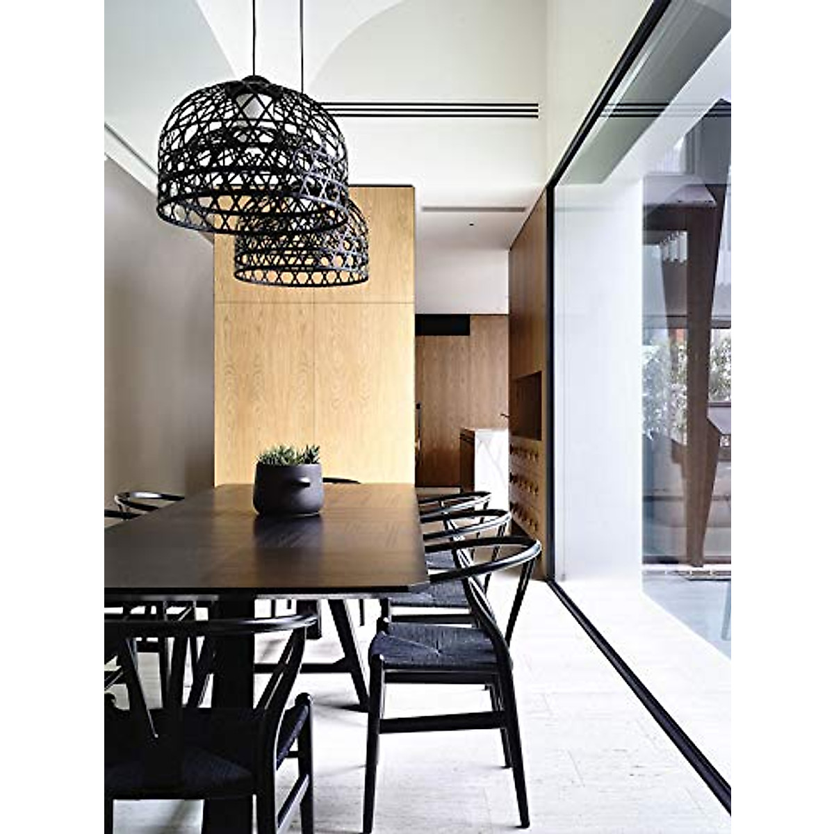 2xhome Set of 2 Wishbone Solid Wood Armchairs with Arms Open Y Back Farmhouse Dining Office Chairs with Woven Black Seat (Black)