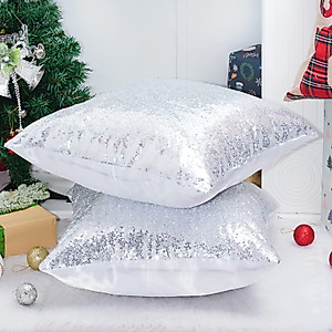 Miayon Silver Sequin Pillow Covers Square Glitter Pillow Cases Decorative Sparkling Throw Pillow Cover Cushion Case for Bed Sofa Bedroom Living Room Valentine's Day Wedding Home Decor (18"x18",4 Pack)