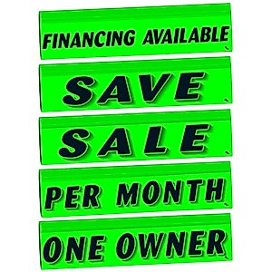 Versa Tags Windshield Slogan Stickers 12 Pack Each of FINANCING Available, Save, Sale, PER Month, ONE Owner (60) Window Stickers Total Dealership Stickers Black On Green