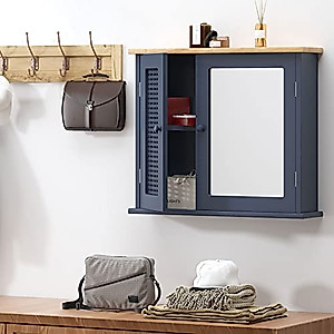soges Bathroom Wall Cabinet Medicine Cabinet with Mirror, Wall Mounted Bathroom Storage Cabinet with 2 Doors, Wood Hanging Cabinet Storage Organizer for Bathroom, Living Room, Dark Blue