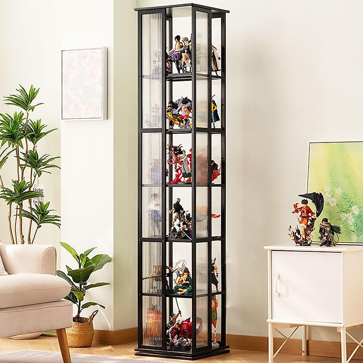 wrdela Rotating Bookshelf, 360 Display Corner Bookshelf for Small Space, 6 Tier Floor Standing Bookcase Storage Rack, Bamboo Narrow Organizer for Kid’s Playroom, Bedroom and Living Room (Black)