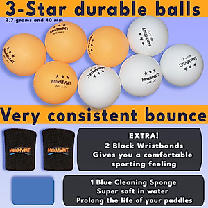 MaxMVMT Ping Pong Paddle Set of 4 - Carbon Fiber 7 Ply Rackets - 2 Wristbands - 8 Balls - 1 Rubber Cleaner Sponge - Premium ITTF Approved Rubber - Complete 4 Player Table Tennis Setup - Carry Case