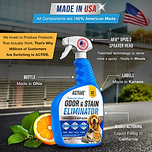 Pet Odor and Stain Eliminator - 32 oz ACTIVE Enzyme Cleaner for Dog & Cat Urine, Stain Remover Spray for Carpet, Upholstery, Hardwood, Spot Cleaning, Deodorizer for Dogs Cats Pets - Natural Citrus Oil