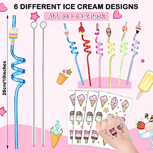 43 Pieces Ice Cream Straws and Cleaning Brushes Ice Cream Drinking Straws Goodie Gifts Ice Cream Tattoos Sticker Reusable Ice Cream Straws for Kids Birthday Summer Party Favors