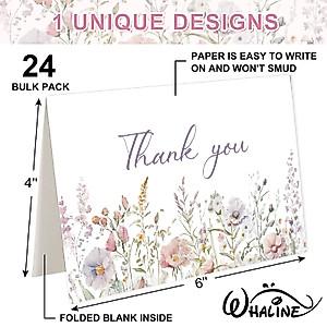 Whaline 24Pcs Wildflower Thank You Cards Bulk Watercolor Pink Flower Greeting Cards with Envelope Sticker Floral Blank Note Cards for Birthday Wedding Baby Shower Bridal Shower, 4 x 6 Inch