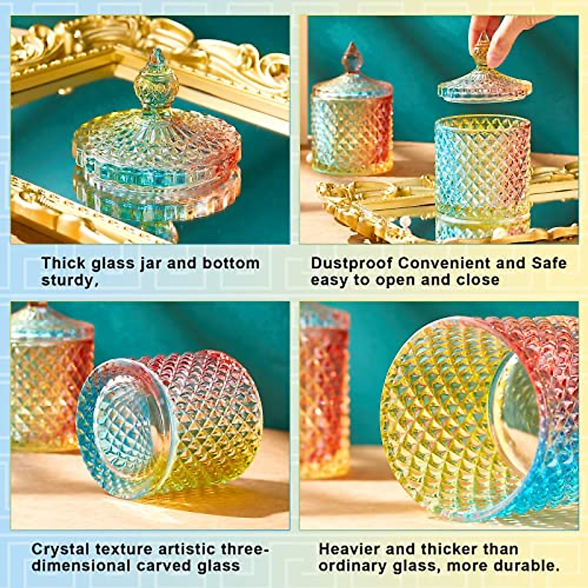 4 Pcs Crystal Glass Candy Jar with Lid Home Decorative Jar Glass Storage Bathroom Jars Jewelry Box Canister Jar for Cotton Swab Glass Jar Decor for Bathroom, Pantry, Living Room, Kitchen (Colorful)