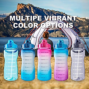 EYQ Half Gallon/64 oz Water Bottle with Time Marker, Carry Strap and Motivational Quote, Leak-Proof Tritan BPA-Free, Ensure You Drink Enough Water for Fitness, Gym, Camp, Sports(Green/Purple Gradient)