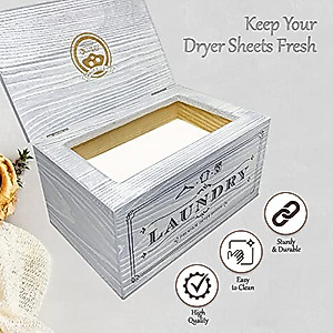 LUSAV Dryer Sheet Holder Dispenser with Hinged Lid for Laundry Room - Farmhouse Decor Dryer Sheets Container - with air Purifying Bag -Rectangular Box (Grayish-White) 7.9''x5''x4.2''