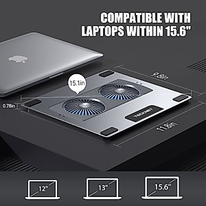 TECKNET Laptop Stand With Cooling Pad, Adjustable Aluminum Computer Stand, Portable Ultra-Slim Quiet Laptop Cooler with 2 Separable Powerful Laptop Fans, for Business Office Laptops Within 15.6 Inches