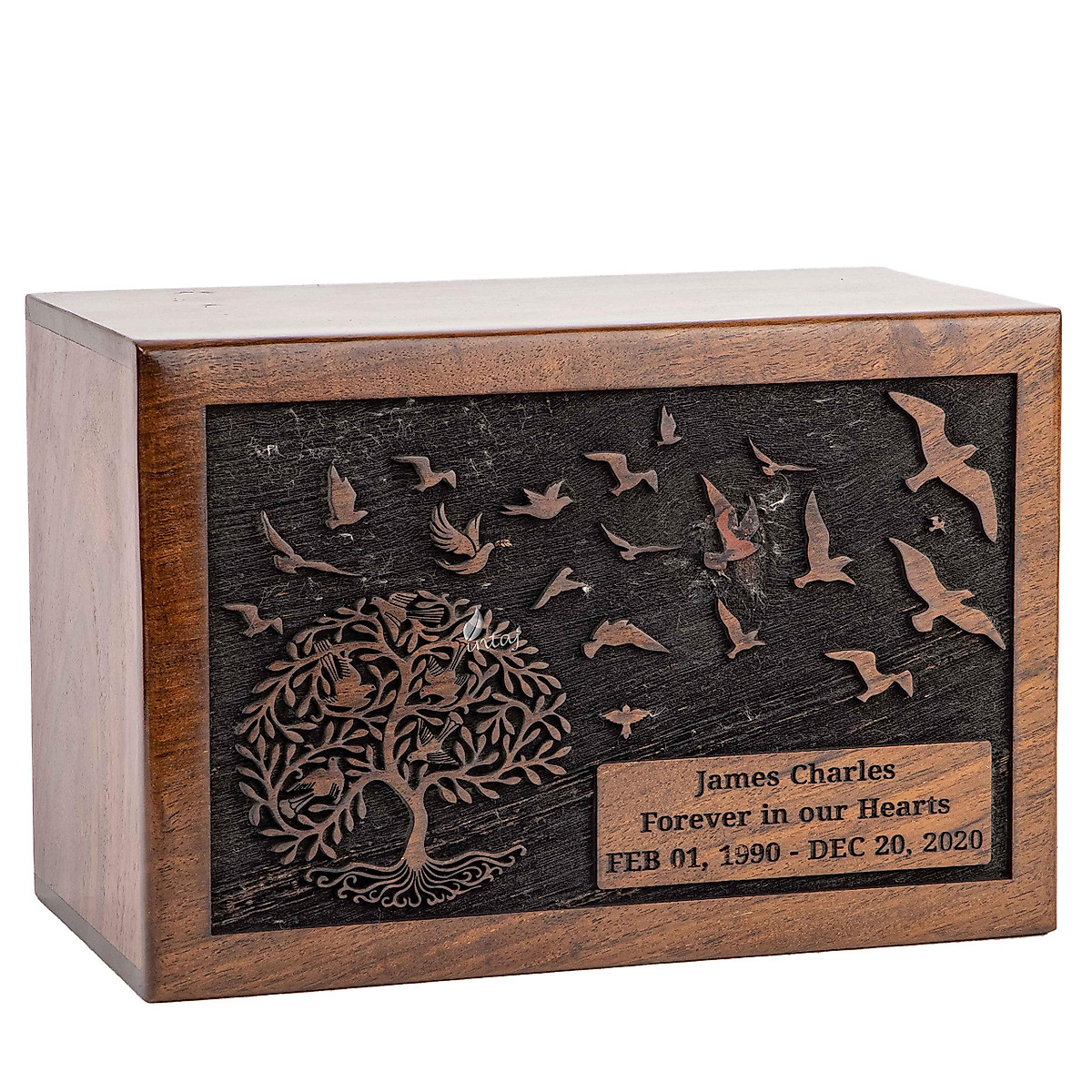 INTAJ Cremation Urn for Human Ashes Adult Male Female - Tree of Life Wooden Box Urn for Ashes - Handmade Decorative Funeral Urn (Customised Tree Birds, L (9x6x5) 185 Cu/in)