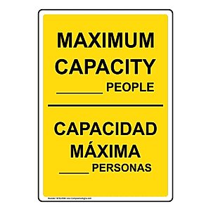 ComplianceSigns.com Maximum Capacity____ English + Spanish Sign, 14x10 in. Aluminum for Dining/Hospitality/Retail