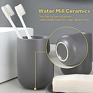 EVTHSU Ceramic Bathroom Accessory Set, 4 Pcs Bath Countertop Accessories Decor, Farmhouse Matte Hand Soap Dispenser Set with Liquid Pump Bottles, Tumbler, Soap Dish - Grey