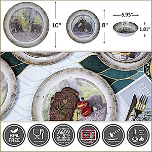 Melamine Dinnerware set for 4 - Dinner Plates Bowls Set 12 PCS Durable BPA Free Dishwasher Safe Shatter-Proof Chip Resistant for Indoor Outdoor, Bear