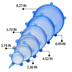6 Pack Reusable Silicone Stretch Lids, Heat Resistant Various Sizes BPA-free Silicone Bowl Cover Fit Most Containers, Microwave & Dishwasher Use Safe(Blue)