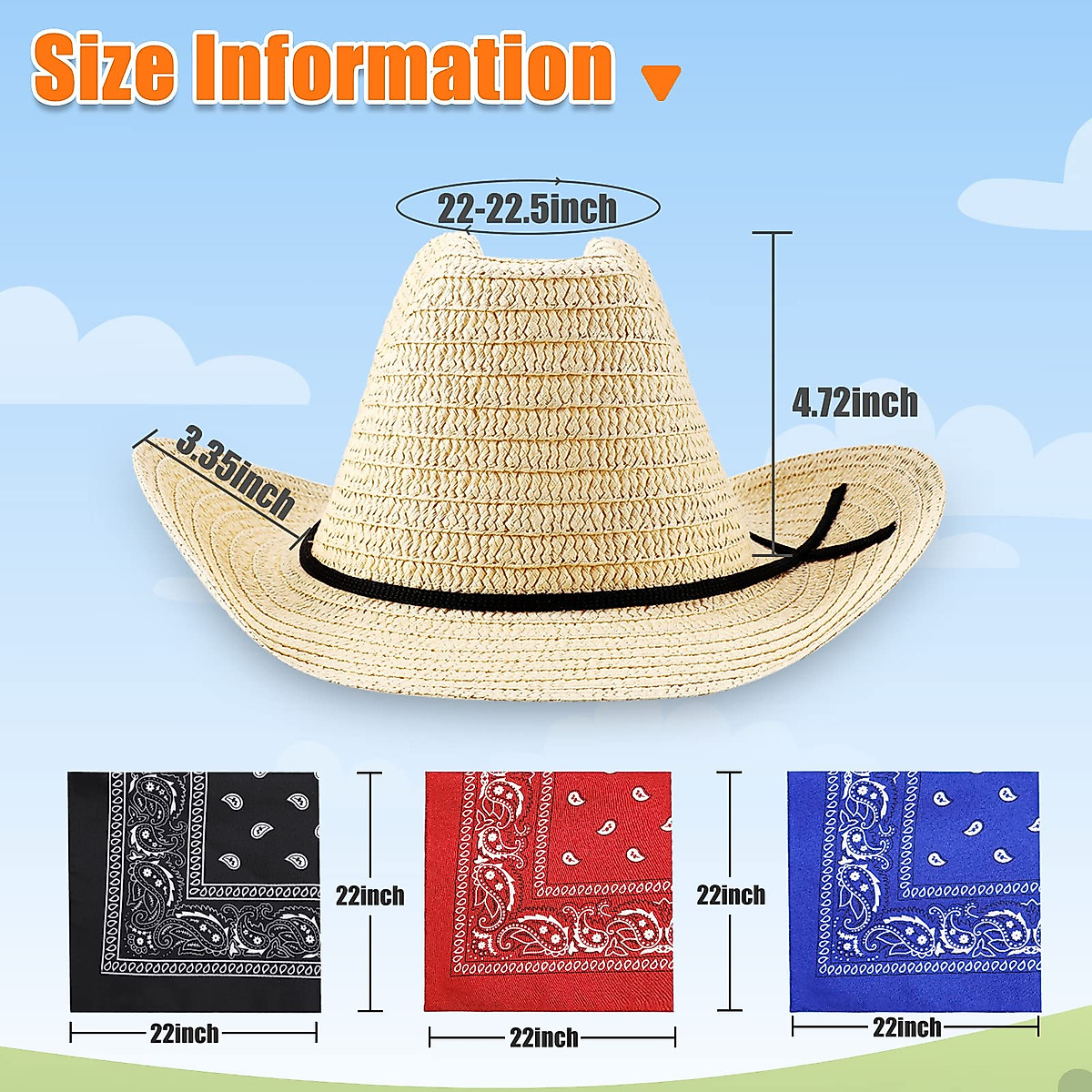 Coume 24 Sets Straw Cowboy Hats and Bandanas - Western Theme Party Costumes and Accessories Bulk Pack for Adults and Men