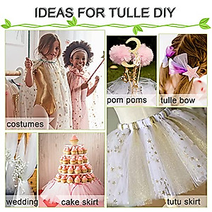 Glitter Tulle Fabric Rolls, Gold Foil Star Tulle Spool 6 Inch 50 Yards (150ft) Sparkle Sequin Netting Ribbon for Tutu Skirt Baby Shower Birthday Party DIY Bow Crafts (White Tulle, Gold Stars)